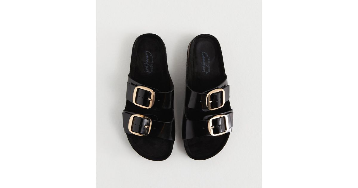 Black Leather-Look Buckle Footbed Sliders | New Look