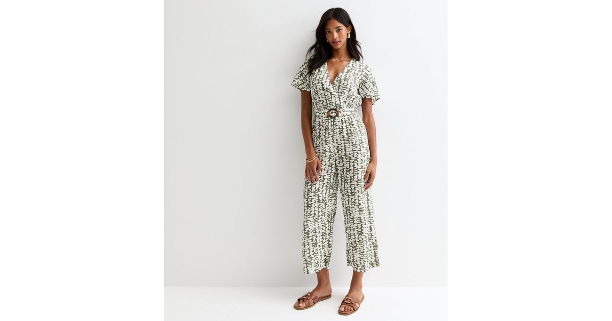 Green Abstract Print Wrap Belted Jumpsuit | New Look