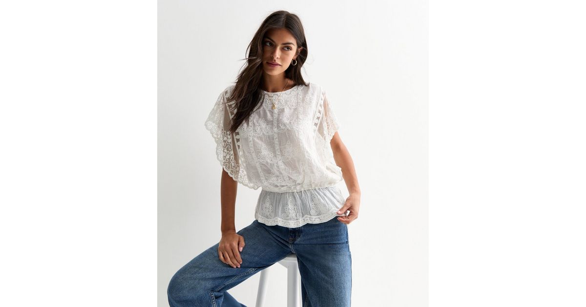 Off White Embroidered Wide Sleeve Top | New Look