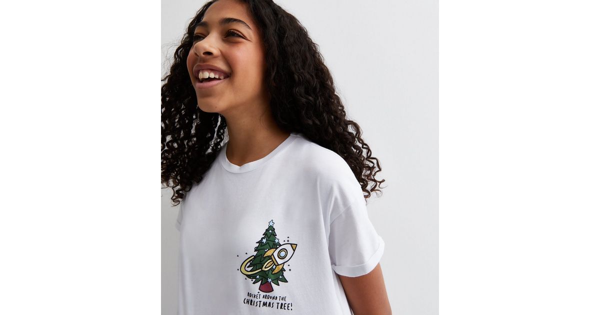 Girls White Cotton Rocket Christmas Tree Logo T-Shirt | New Look