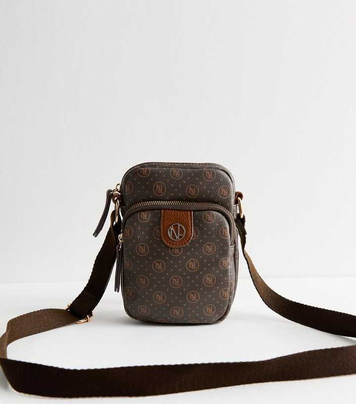 Brown Debossed Monogram Phone Holder | New Look