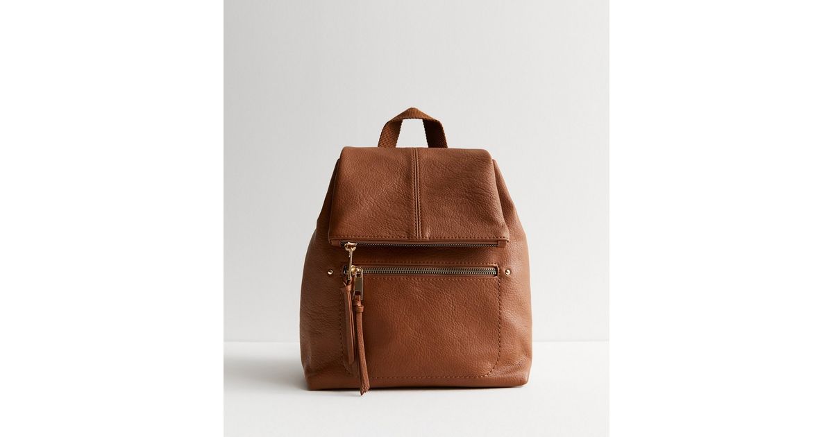 Tan Leather-Look Flap Backpack | New Look