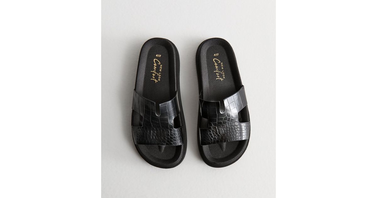 Black Faux Croc Chunky Sliders | New Look