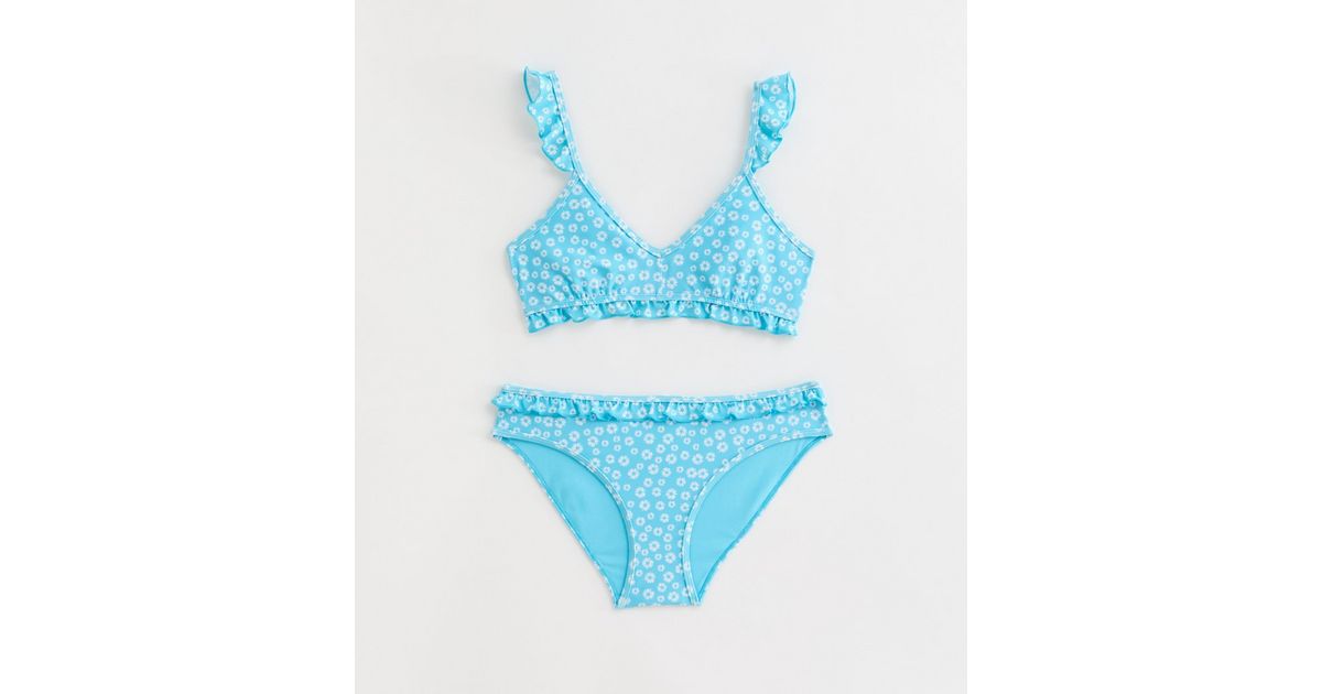 Girls Blue Ditsy Floral Frill Triangle Bikini Set | New Look