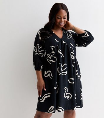 Curves Black Graphic Print V Neck Mini Smock Dress | New Look