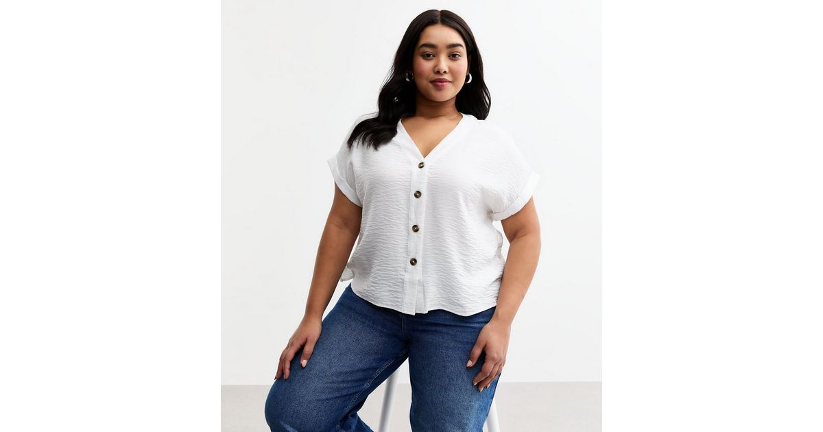 Curves White V Neck Button Through Top | New Look