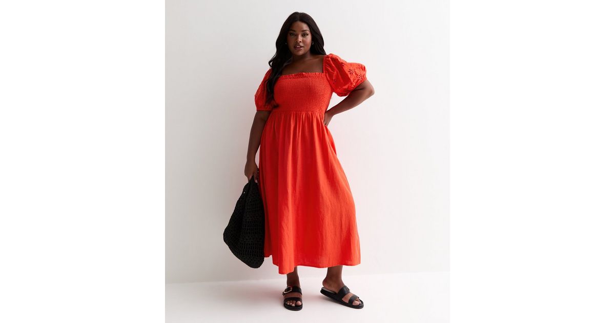 Curves Red Square Neck Broderie Puff Sleeve Midi Dress | New Look