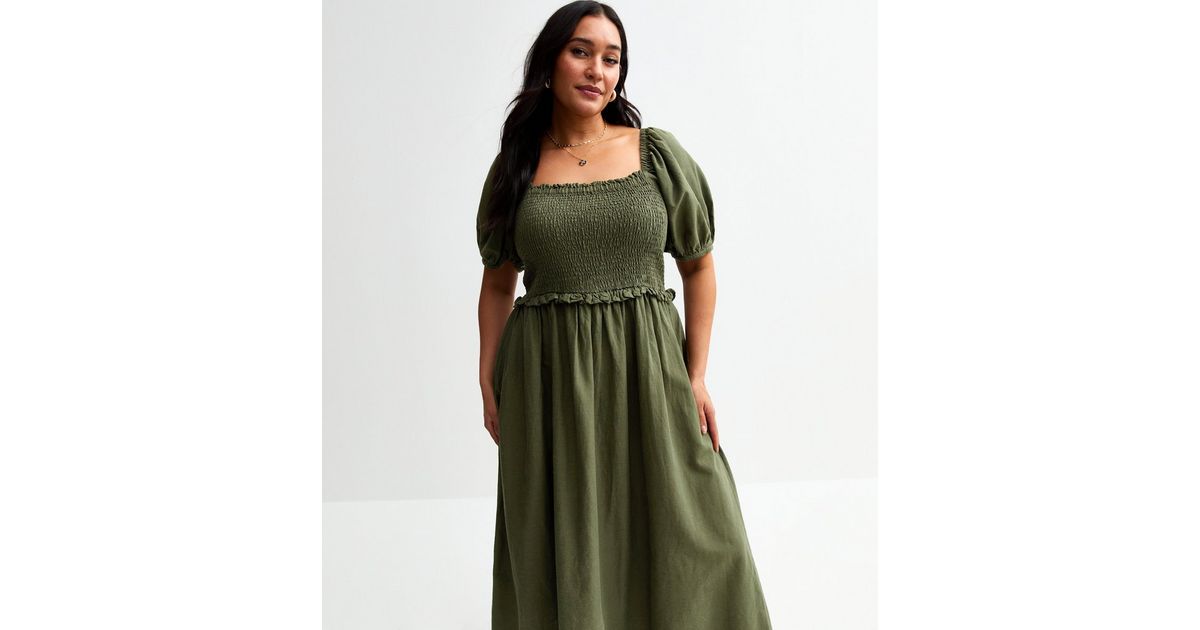 Curves Khaki Square Neck Shirred Midi Dress | New Look