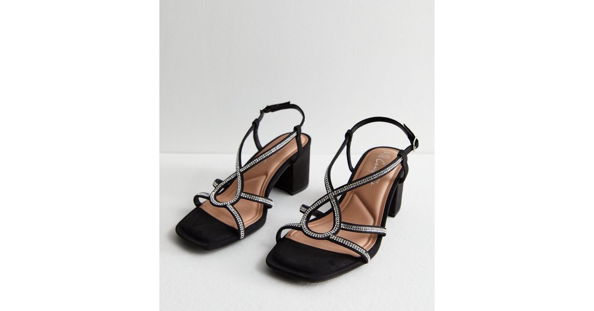 Extra Wide Fit Black Suedette Diamanté Block Heel Sandals | New Look