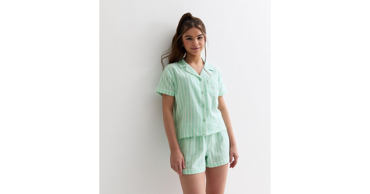 Girls Green Revere Short Pyjama Set with Stripe Print | New Look