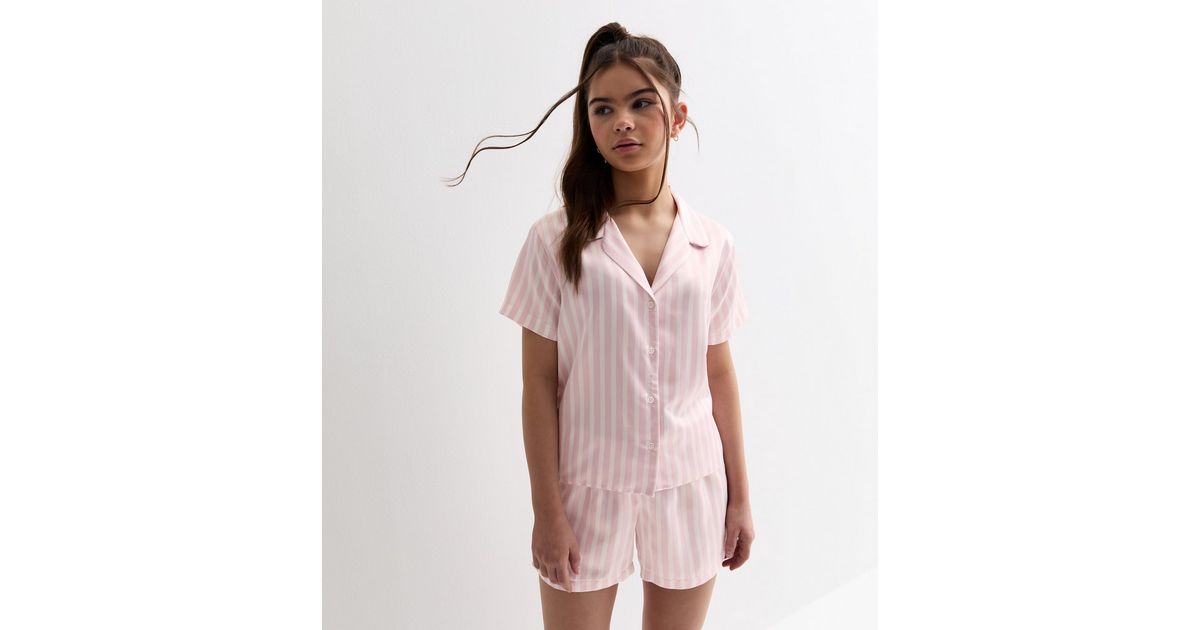 Girls Pink Satin Short Pyjama Set with Stripe Print | New Look