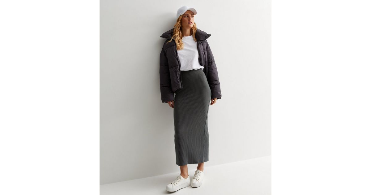 Dark Grey Ribbed Jersey Midi Skirt | New Look