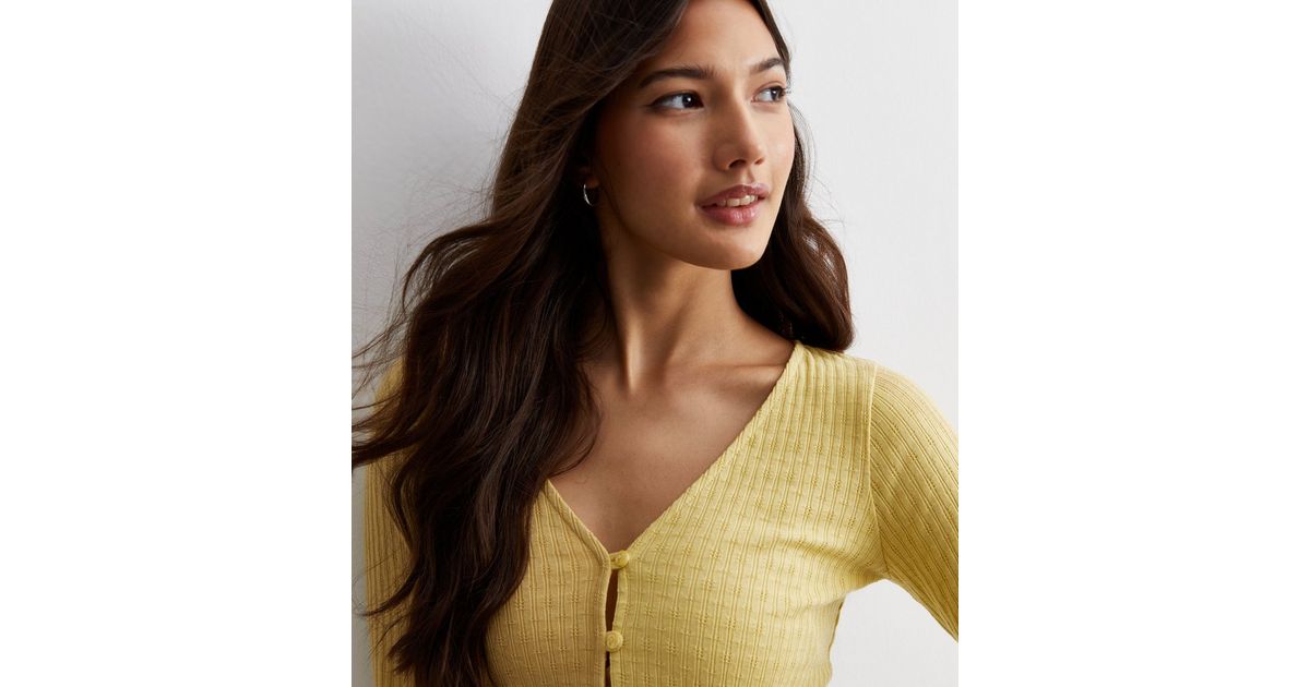 Pale Yellow Pointelle Knit Cropped Cardigan | New Look