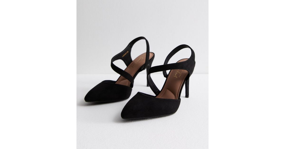 Wide Fit Black Asymmetric Stiletto Heel Court Shoes | New Look