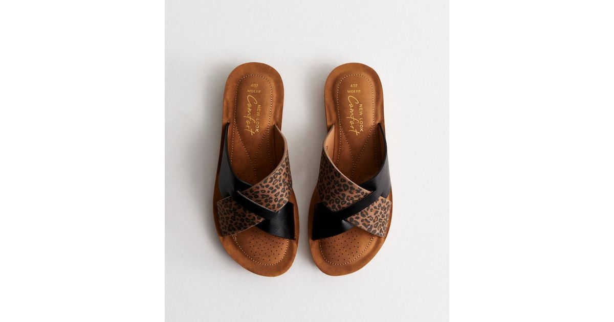 Wide Fit Black Leopard Print Sliders | New Look