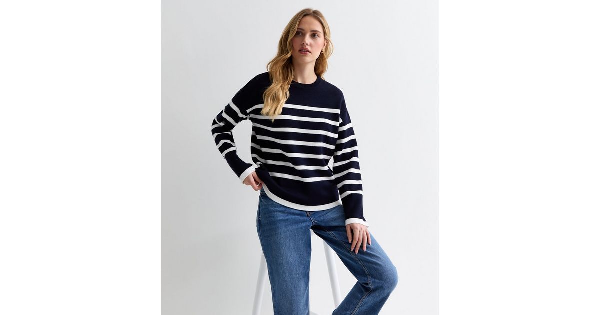 Navy Stripe Crew Neck Jumper | New Look