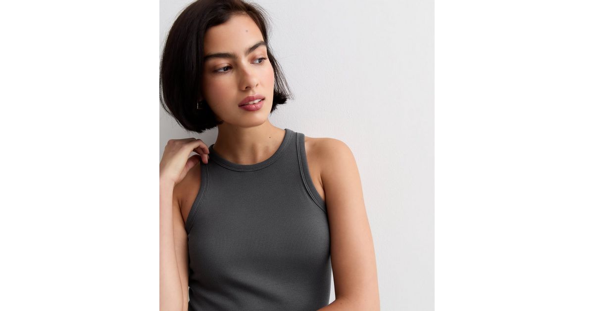Dark Grey Ribbed Racer Vest | New Look