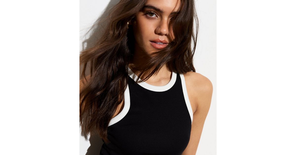 Black Ribbed Contrast Trim Racer Vest | New Look