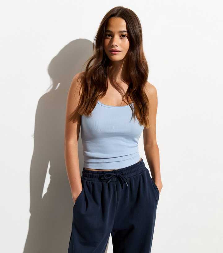 Light Blue Ribbed Scoop Neck Trim Vest | New Look