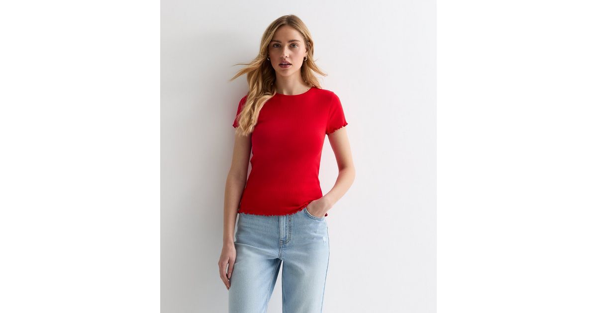 Soft Red Stretch-Cotton Frill-Trim T-Shirt | New Look