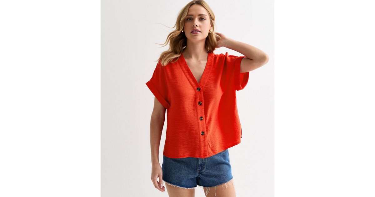 Red Button Front Blouse | New Look