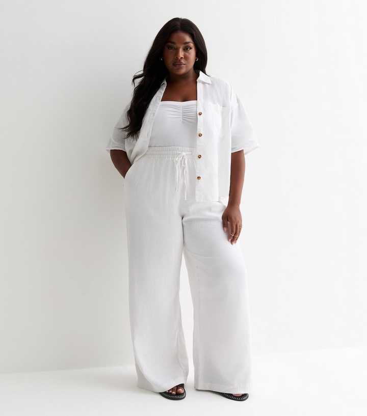 Curves White Linen Blend Wide Leg Trousers | New Look