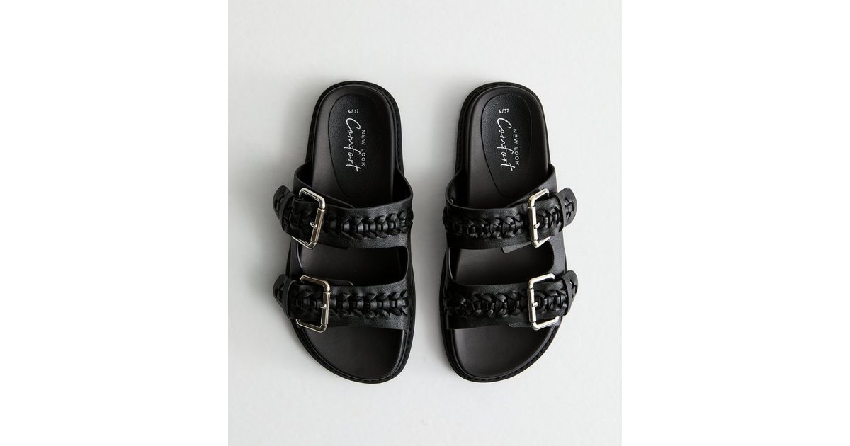 Black Plaited Chunky Sliders | New Look