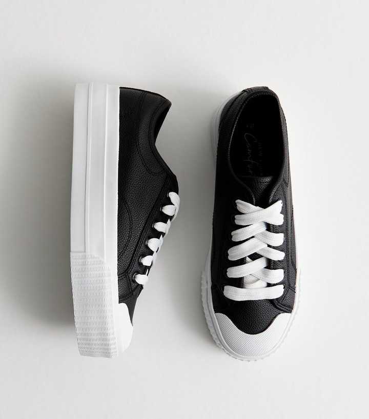 Black Faux Leather Lace Up Chunky Trainers | New Look