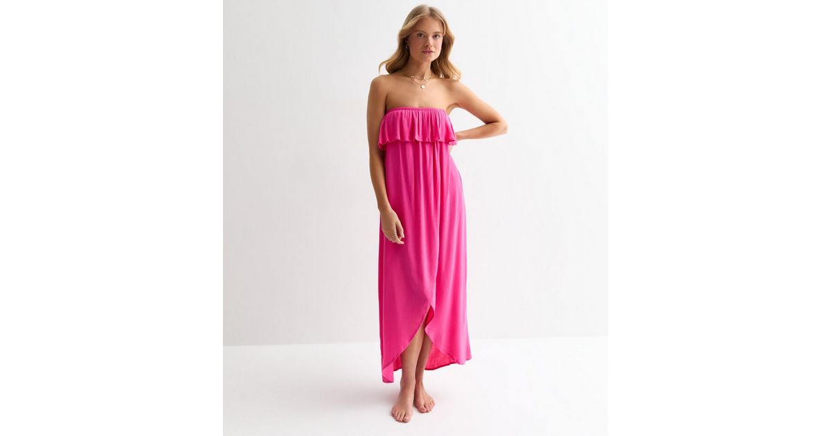 Bright Pink Bandeau Ruffle Maxi Beach Dress | New Look