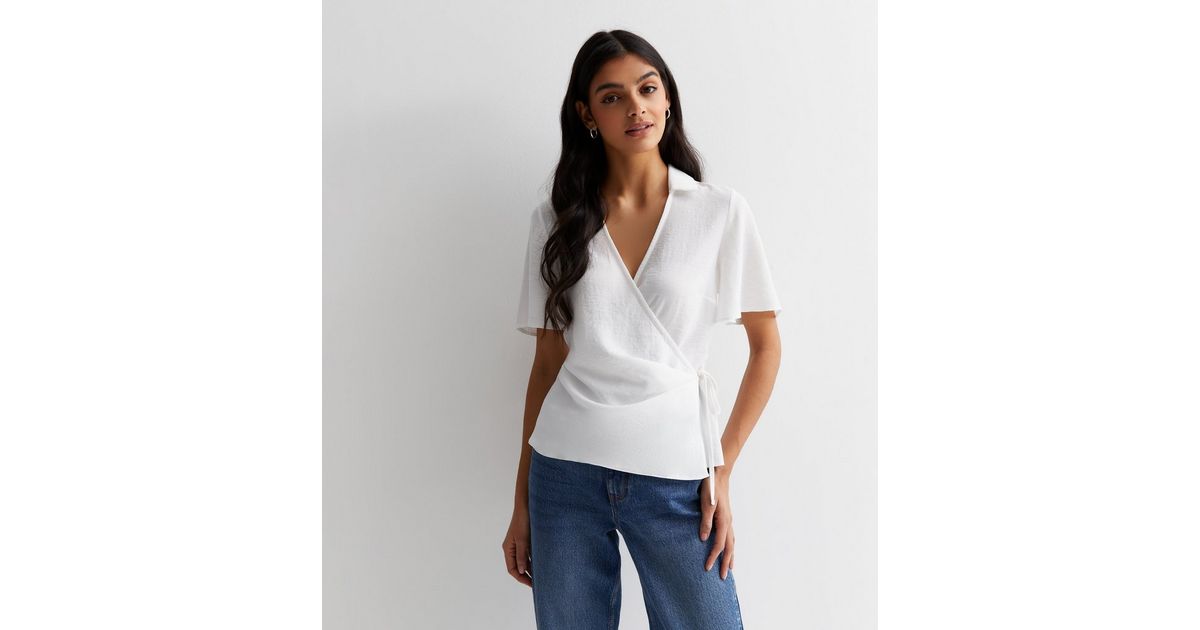 Off White Collared Wrap Top | New Look