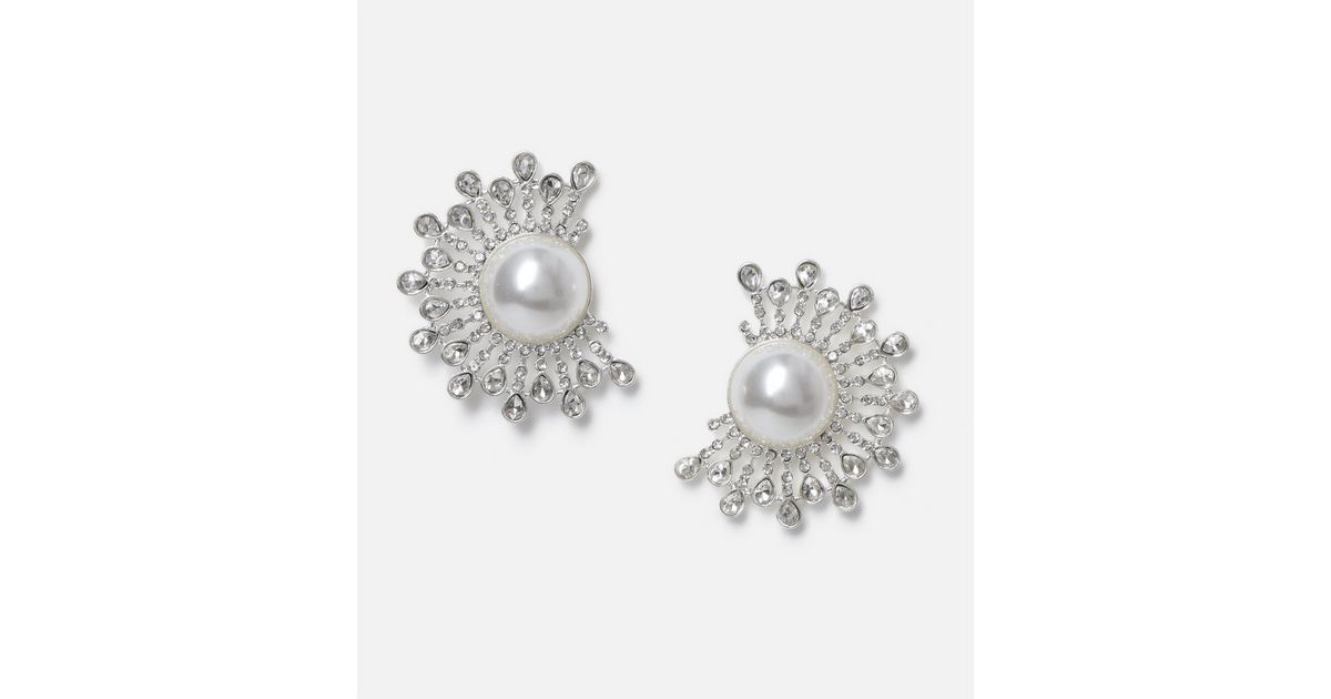 Freedom Silver Faux Pearl and Diamanté Burst Stud Earrings | New Look