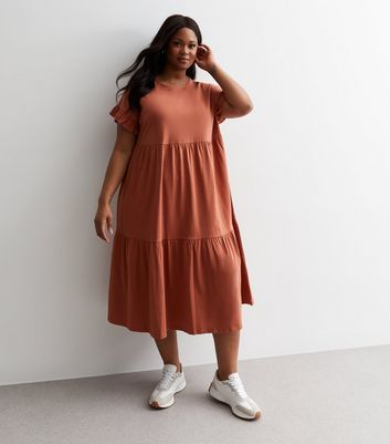 Curves Rust Cotton Tiered Midi Dress | New Look