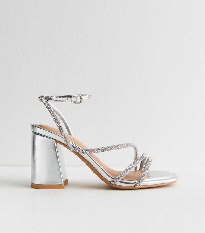 Silver Multi Strap Diamanté Block Heel Sandals | New Look