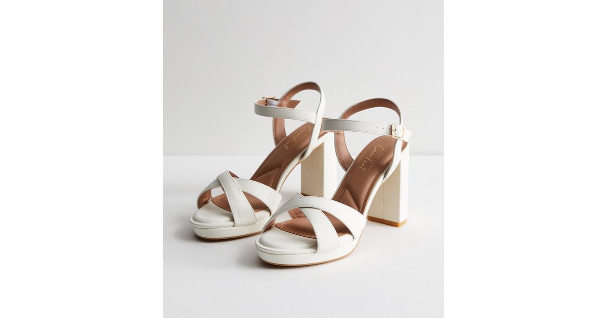 White Cross Over Platform Block Heel Sandals | New Look