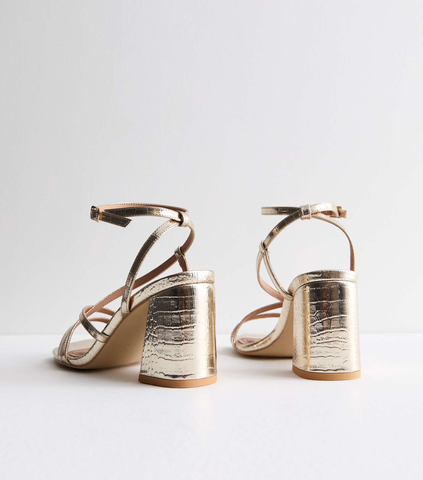 Wide Fit Gold Faux Croc Multi Strap Block Heel Sandals New Look
