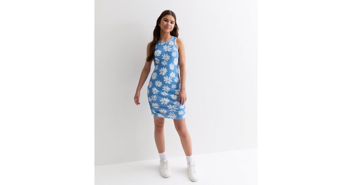 Girls Blue Ribbed Daisy Print Mini Racer Dress | New Look