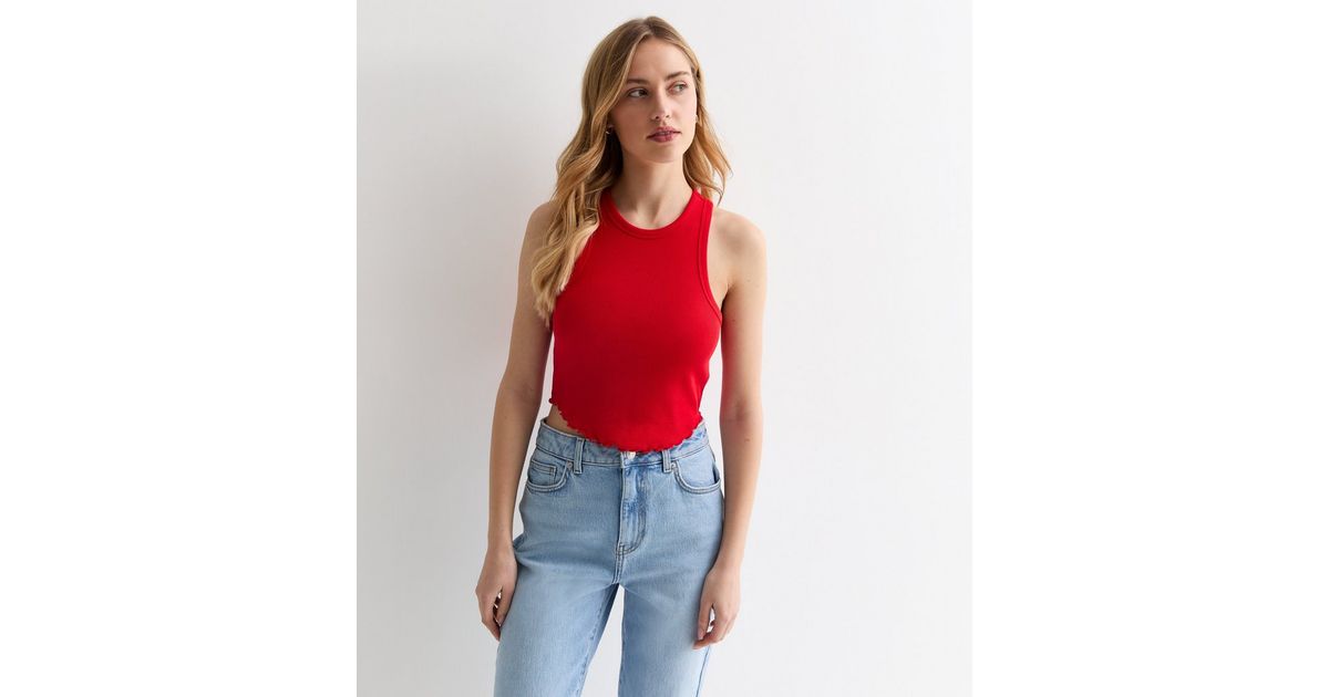 Red Ribbed Scoop Hem Crop Vest | New Look