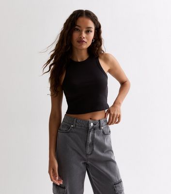Petite Black Ribbed Crop Racer Vest | New Look