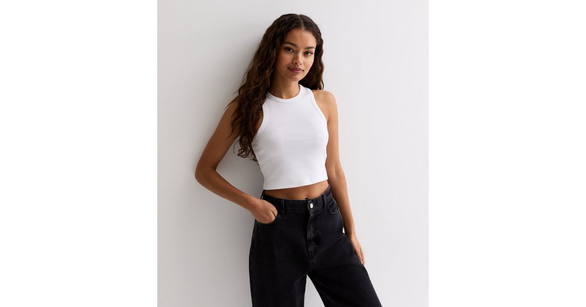 Petite White Ribbed Crop Racer Vest | New Look