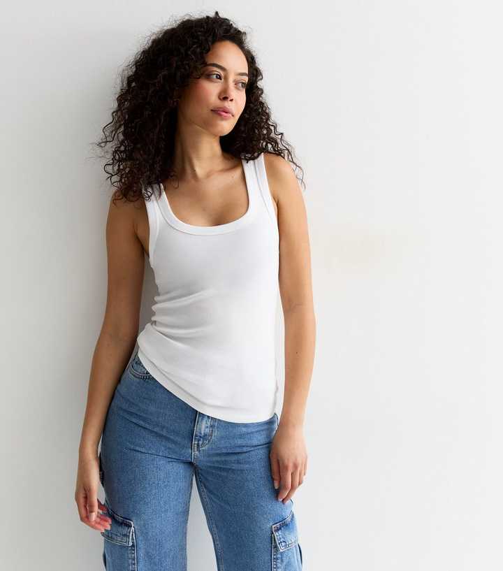 Tall White Wide Trim Ribbed Scoop Neck Vest | New Look