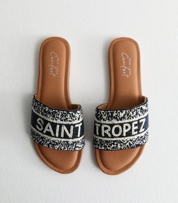 Navy Saint Tropez Bead Strap Mules | New Look