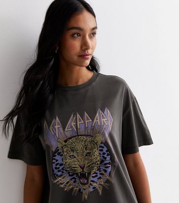 Dark Grey Acid Wash Cotton Def Leppard Oversized Logo T-Shirt | New Look