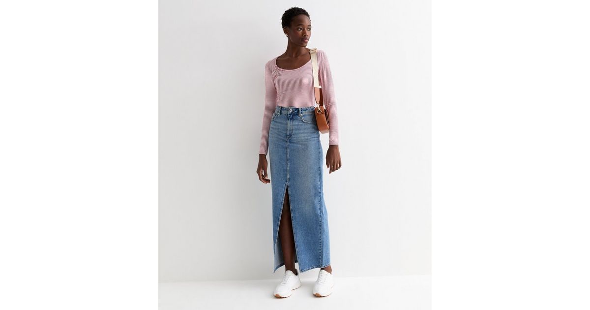 Tall Blue Vintage Tint Denim Split Front Maxi Skirt | New Look