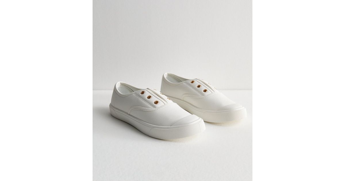 White Leather-Look Laceless Trainers | New Look