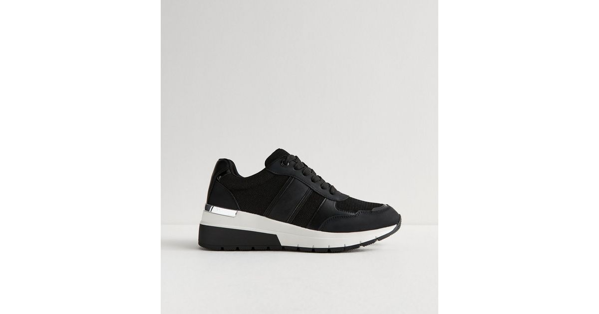 Black Metallic Trim Wedge Trainers | New Look