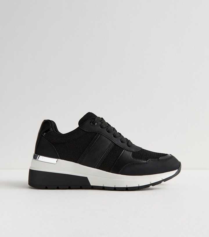 Black Metallic Trim Wedge Trainers | New Look