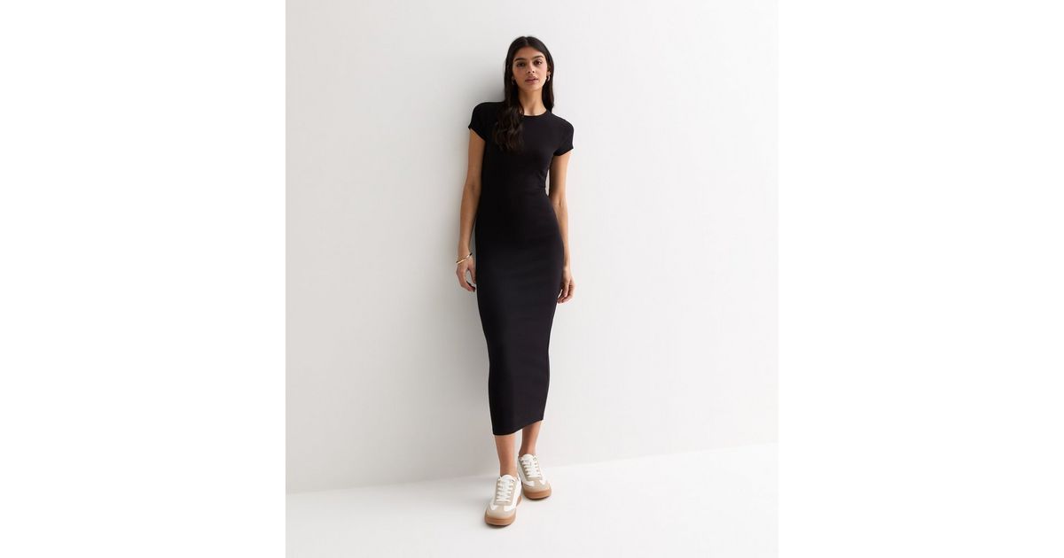 Black Stretch Cotton Bodycon Midi Dress | New Look