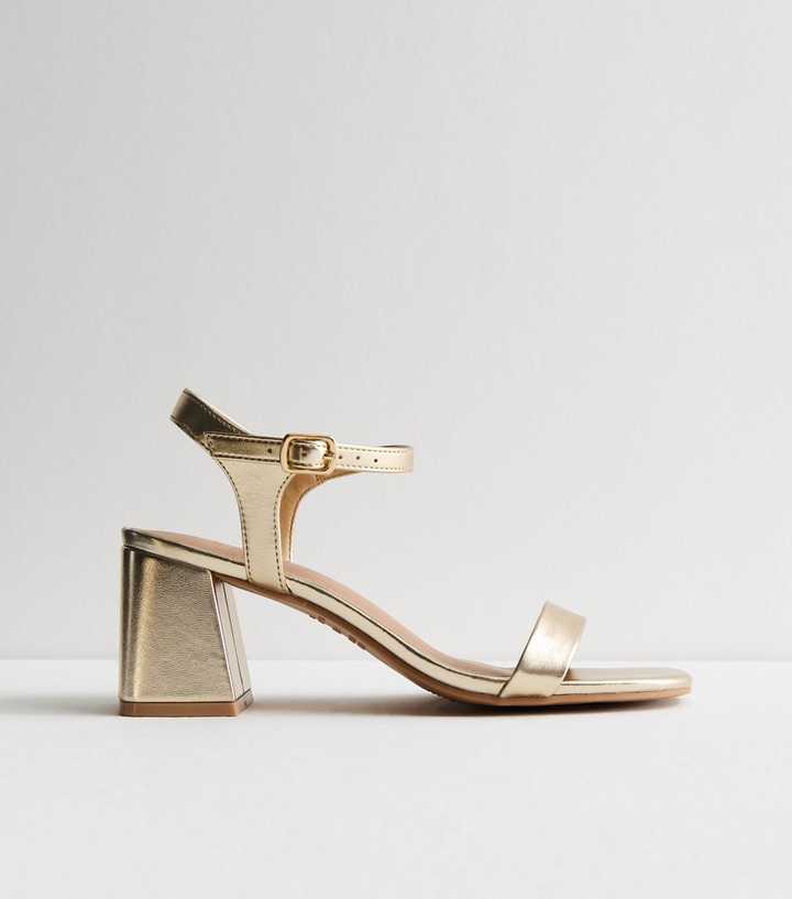 Wide Fit Gold Leather-Look 2 Part Block Heel Sandals | New Look