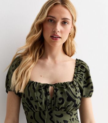 Green Abstract Print Milkmaid Midi Dress | New Look