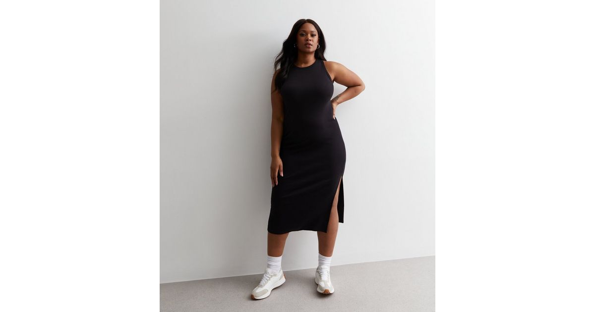 Curves Black Ribbed Racer Bodycon Midi Dress | New Look